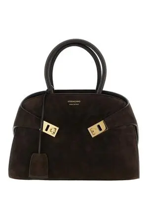FERRAGAMO Suede Handbag With Gancini Buckle - Brown
