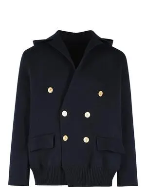 Sacai Double-breasted Navy Cotton Blend Blazer With Hood - Blue