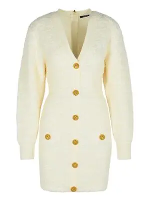 Balmain V-neck Wool Blend Dress - White