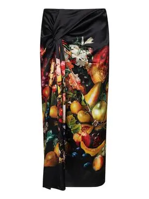 Dries Van Noten DRIES VAN NOTEN Black Flemish Painting-Print Silk Draped Skirt Multicolor