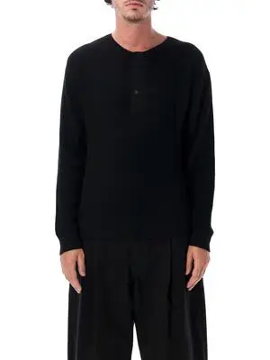 Studio Nicholson Long Sleeve Button Placket Sweater In Extra Fine Merino Wool And Cashmere Blend - Nero