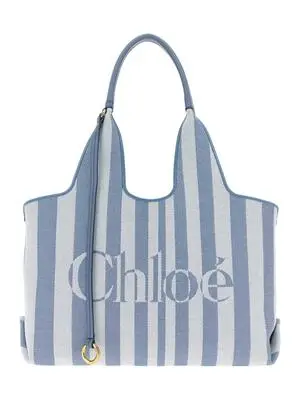 CHLOÉ Chloe Chloé Striped Embroidered Canvas Shopping Handbag