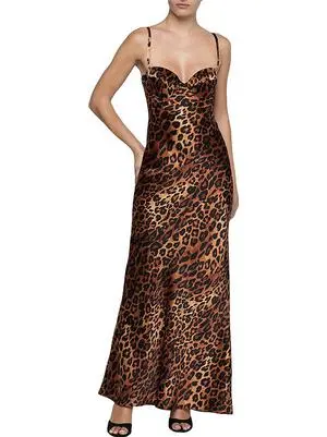 L'Agence Sayla Bias Cut Leopard Print Silk Maxi Dress Tan Multi