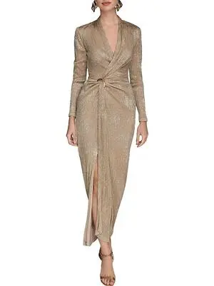 Donna Karan New York Metallic Crinkle Knit Faux Wrap Maxi Dress - Gold