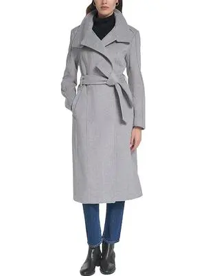 Cole Haan Asymmetrical Belted Wool Blend Coat - Light Grey