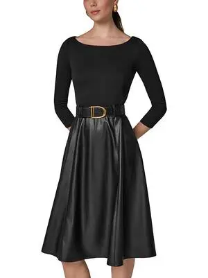 Donna Karan New York Boat Neck Mixed Media Belted Fit & Flare Dress - Black
