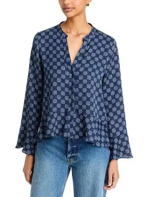 EMME Printed Crepe Flounce Shirt - Navy