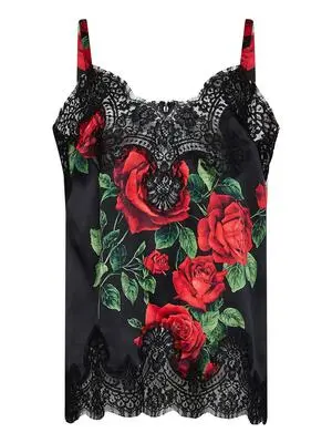Dolce & Gabbana Black Rose-print Silk Satin Top With Lace - Multicolor