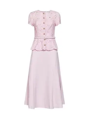 SELF-PORTRAIT Pink Crepe And Lace Belted Midi Dress - Multicolor
