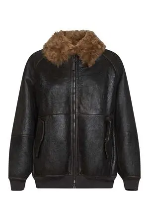 Brunello Cucinelli Brown Vintage-effect Nappa Leather Jacket With Shearling Collar - Multicolor