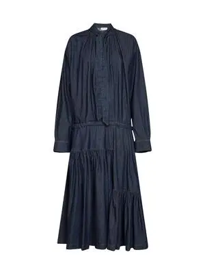 Dries Van Noten Indigo Cotton Denim Midi Dress With Tie Detail - Multicolor