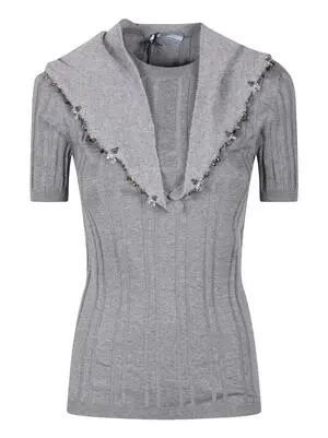 Prada Ribbed Cotton Knit Sailor Collar Sweater - Gray