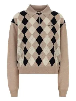 Miu Miu Argyle Knit Half-zip Sweater - Cream