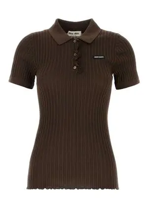 Miu Miu Miu Miu Ribbed Polo Shirt With Ruffle Detail Brown