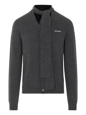 Miu Miu Charcoal Virgin Wool Blend Sweater With Tie Detail - Multicolor