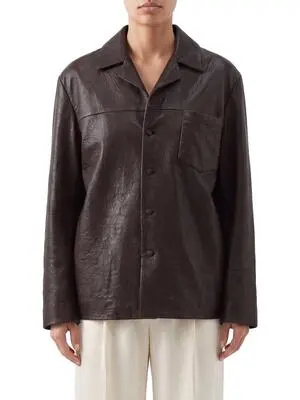 Saint Laurent Cropped Lambskin Leather Shirt Jacket With Patch Pockets - Brown