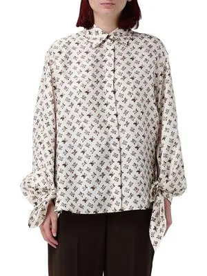 Max Mara Monogram Print Silk Shirt With French Collar And Concealed Placket - White