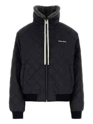 Miu Miu Quilted Bomber Jacket With Shearling Collar - Blue