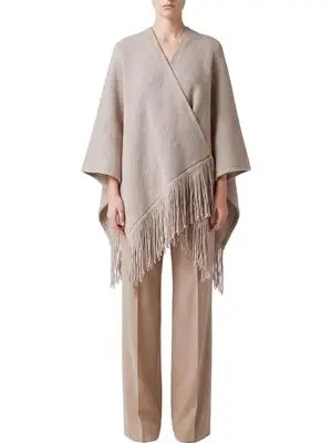 Max Mara Knee-length Wool & Cashmere Wrap Cape With Fringed Hem - Cream
