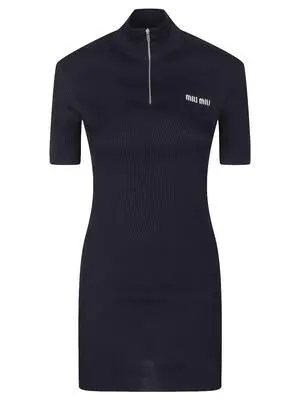 Miu Miu Ribbed Knit Dress With Quarter Zip - Blue