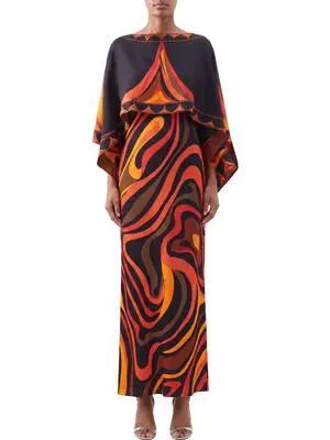 Emilio Pucci Printed Silk Maxi Dress With Cape Effect - Orange