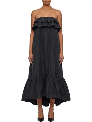 Saint Laurent Cotton Blend Maxi Dress With Ruffled Accents - Black