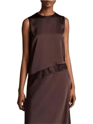 Vince Asymmetrical Lace Trim Tank Top - Braun