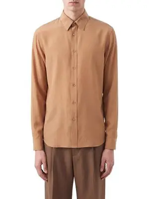 Saint Laurent Pure Silk Shirt With Classic Collar And Curved Hem - Brown