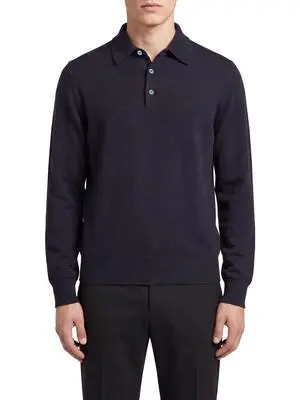 Zegna Zegna Men Zegna Cashmere And Silk Long-Sleeved Knit Polo Blue