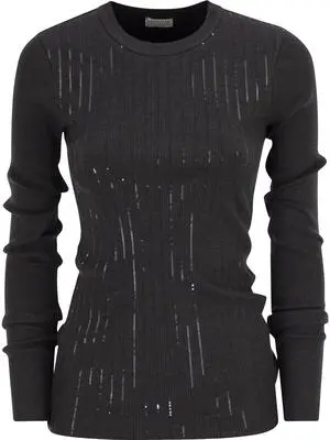 Brunello Cucinelli BRUNELLO CUCINELLI Stretch Cotton T-Shirt With Dazzling Chalk Stripe Embroidery Multicolor