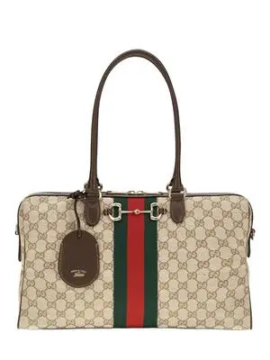 Gucci Large Gg Jacquard Fabric Shoulder Bag With Horsebit Detail - Cream