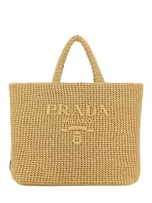 Prada Raffia Crochet Tote Bag With Embossed Logo - Cream