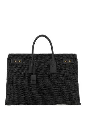 Saint Laurent Raffia And Leather Handbag - Black
