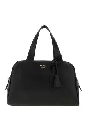 Prada Leather Handbag With Tag Detail - Black