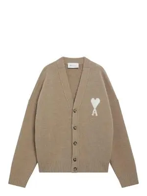 AMI Paris AMI PARIS Beige Alpaca Blend Cardigan With Ami De Coeur Logo Cream