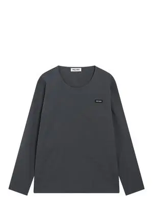 Miu Miu Long Sleeve Stretch Poplin Top With Logo Patch - Gray