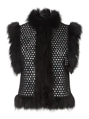 Fendi Wool Gilet With Mirror Embroidery And Fox Fur Trim - Black
