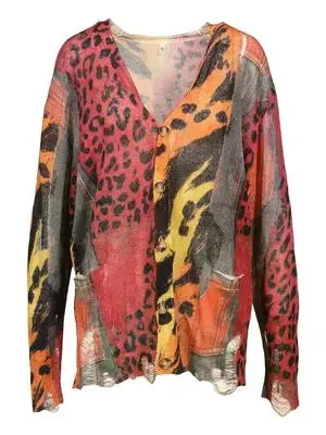 R13 Distressed Leopard-print Linen Cardigan - Red