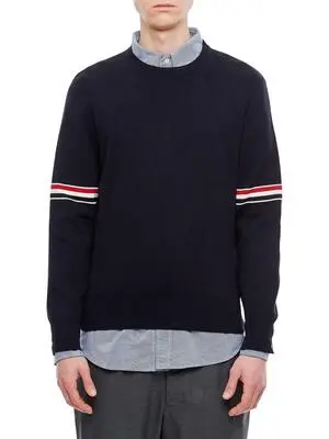 Thom Browne Thom Browne Cotton Crewneck Jumper With Signature 4-Bar Stripe Sleeve Blue