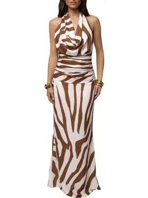 JLUXLABEL JLUXLABEL Zebra Print Plunge Halterneck Maxi Gown Brown