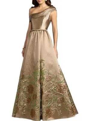 Mac Duggal Off-the-shoulder Brocade Ball Gown - Beige Multi