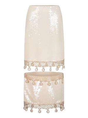 UCHÈ Floating Sequin Midi Skirt With Cowrie Shell Embellishments - Beige