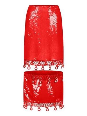 UCHÈ Floating Sequin Midi Skirt With Cowrie Shell Embellishments - Red
