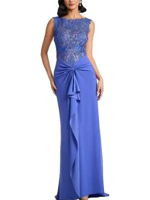 Tadashi Shoji Lace Bodice Twist Front Gown - Blue Iris