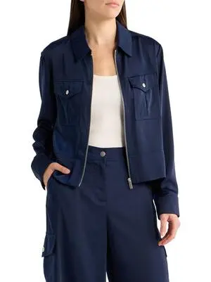 Bernardo Satin Zip-up Jacket With Spread Collar - Evening Blue