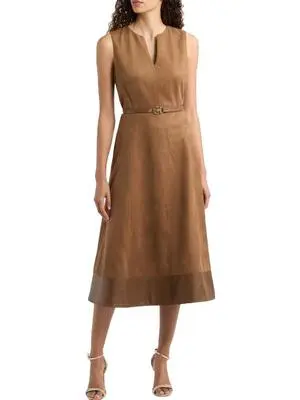 ELIE TAHARI Elie Tahari Faux Suede & Faux Leather Midi Dress