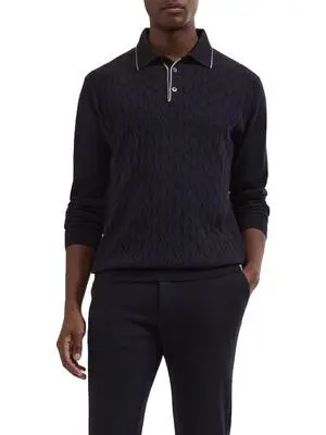 Bugatchi Silk & Merino Wool Long Sleeve Polo Sweater With Diamond Stitch - Midnight
