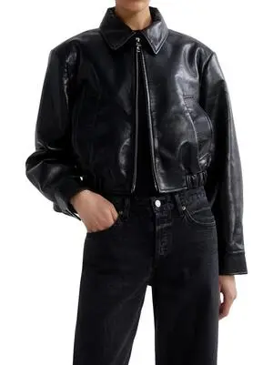 AGOLDE AGOLDE Nahla Cropped Recycled Leather Blend Bomber Jacket Detox Black