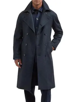 Bugatchi Cotton Double Breasted Herringbone Weave Coat - Midnight