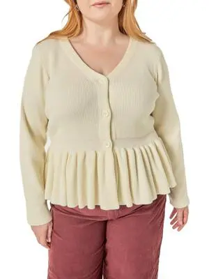 English Factory Ribbed Knit Peplum Cardigan - White